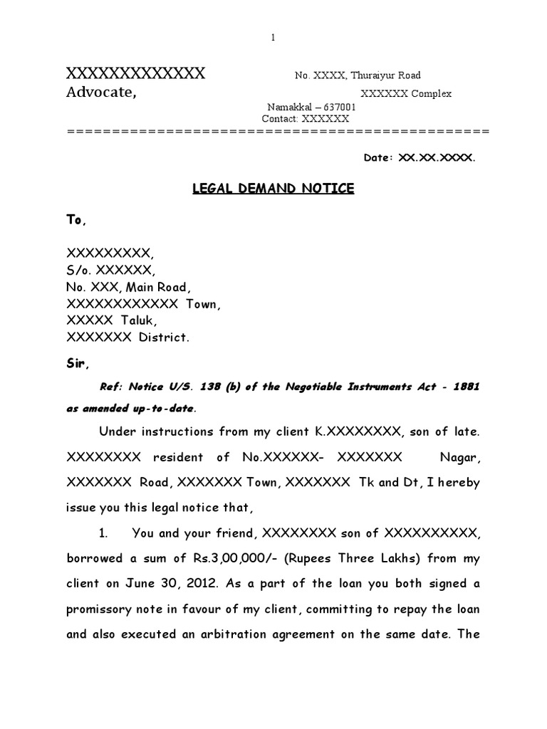 LEGAL DEMAND NOTICE - Format | PDF | Cheque | Banks
