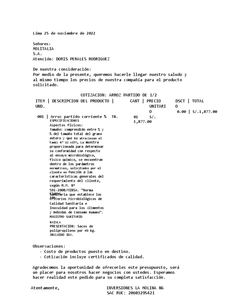 Cotizacion Molitalia Arrocillo 251122 | PDF