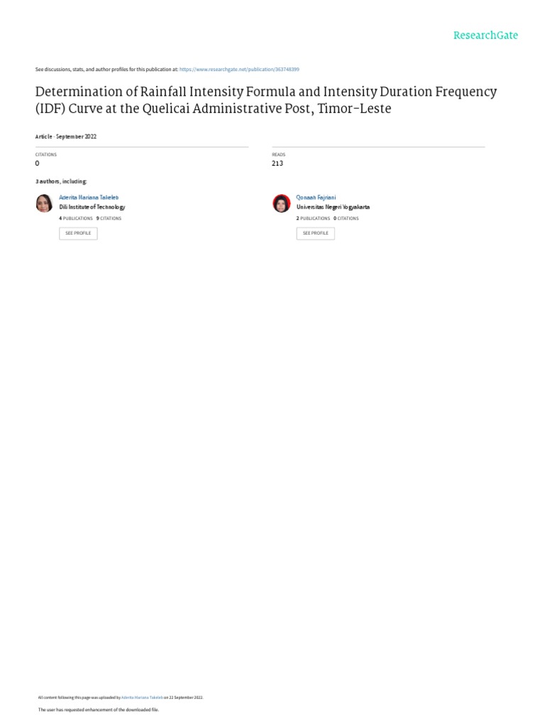 IDF Curve and Rainfall Intensity Formula for Quelicai, Timor-Leste ...
