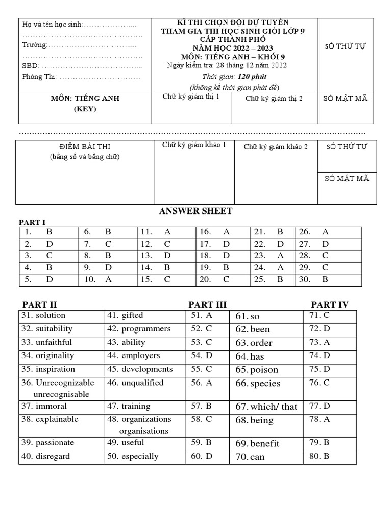 KEY, ĐỀ THI CHON HSG ANH 9 QUẬN, 22-23 | PDF