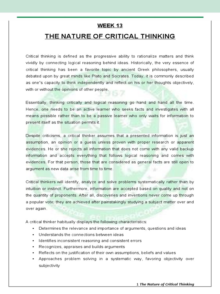The Nature of Critical Thinking: Week 13 | PDF | Argument | Critical ...