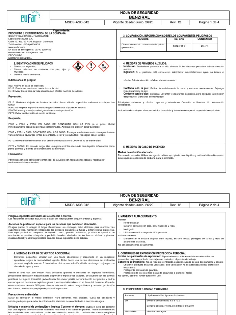 MSDS-ASG-42 Hoja de Seguridad Benziral | PDF | Agua | Ventilación ...