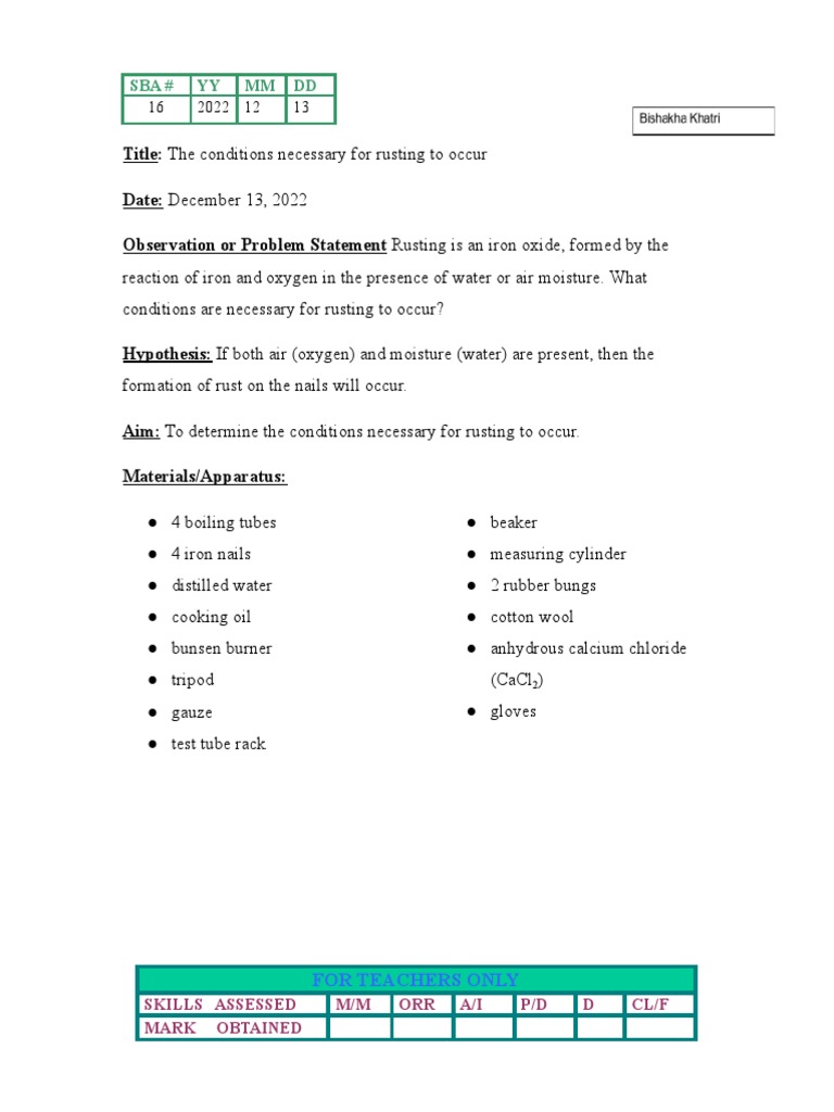 SBA #16 - The Conditions Necessary For Rusting To Occur | PDF | Water ...