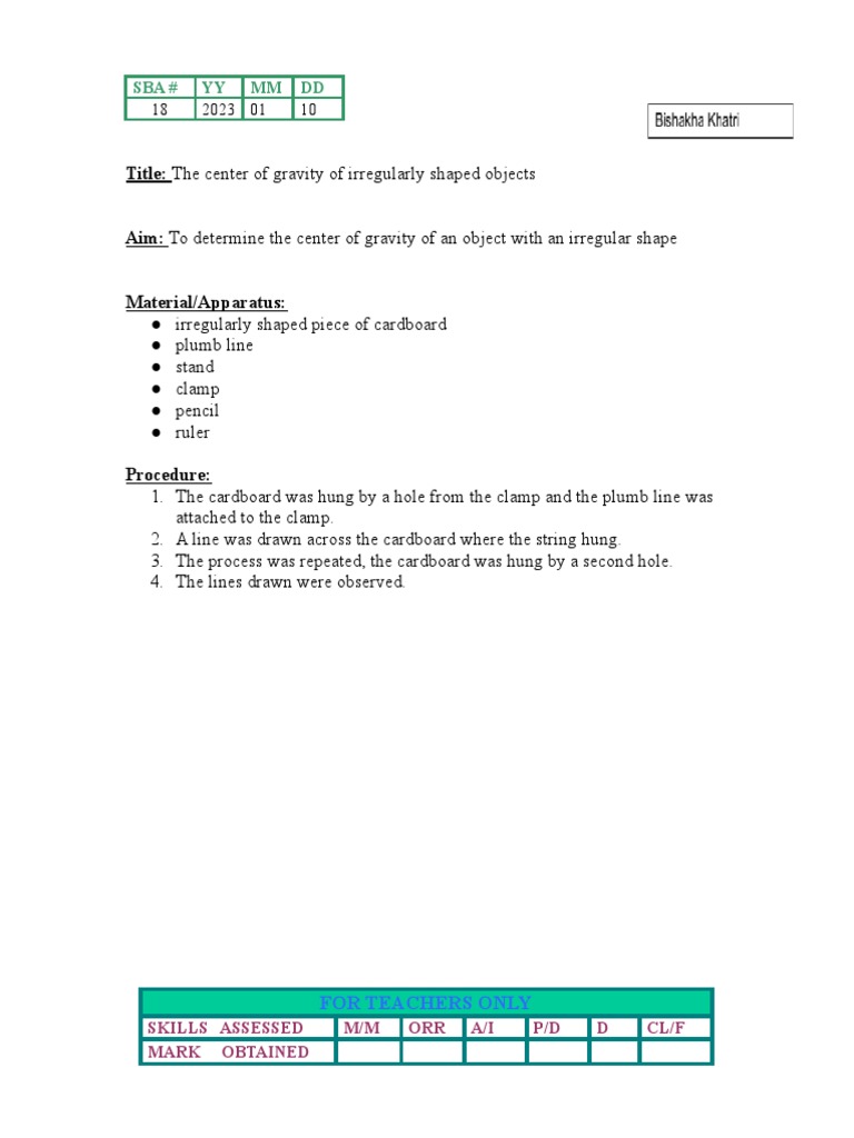 SBA #18 - The Center of Gravity of Irregularly Shaped Objects | PDF ...