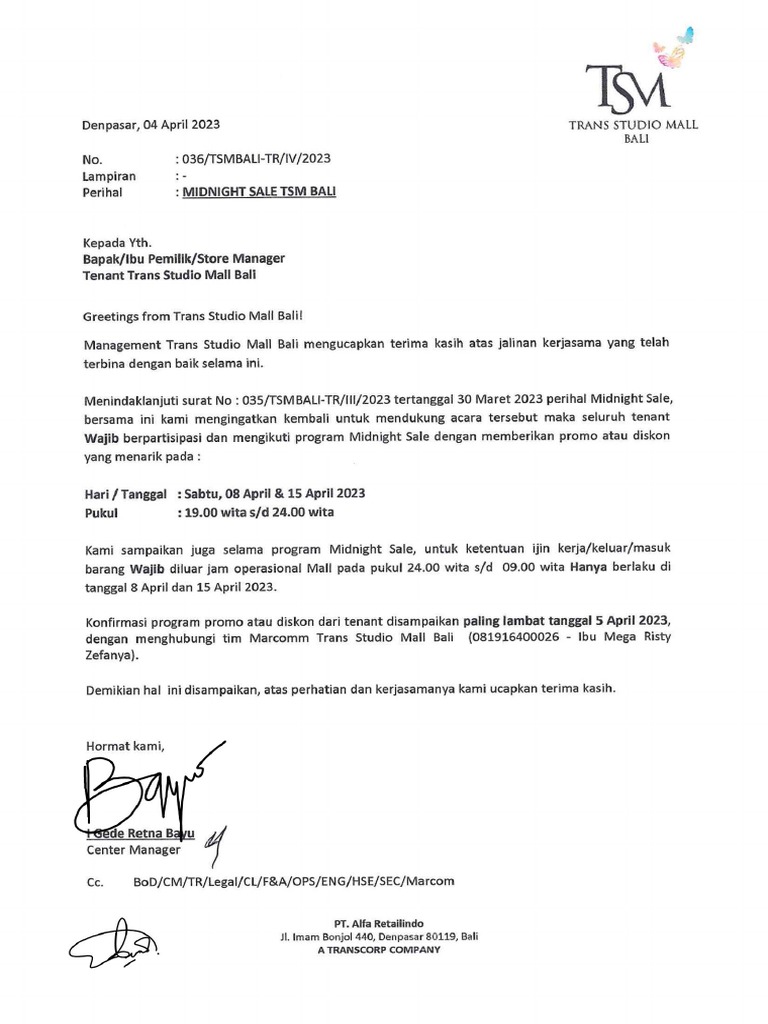 036 - Surat Edaran Loading Barang & Jam Operasional Trans Studio Mall ...