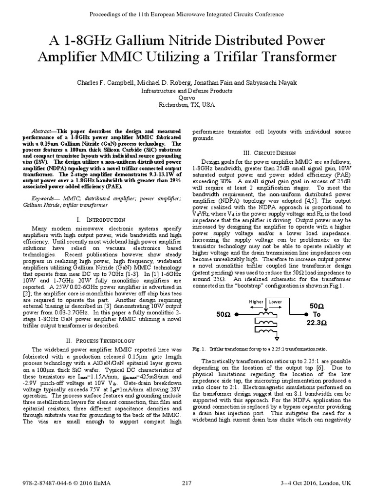 1 8 GHZ Gallium Nitride Distributed Power Amplifier Mmic Utilizing Trifilar Transformer | PDF ...