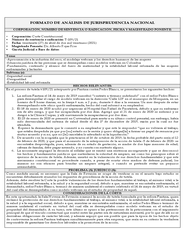 Ficha Analítica Sentencia T 109 21 | PDF | Derecho laboral | Derecho Constitucional