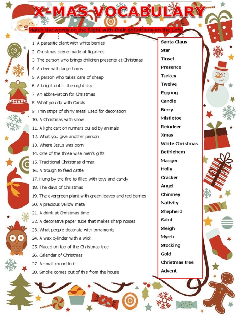 Christmas Vocabulary Match Quiz | PDF | Christmas | Santa Claus