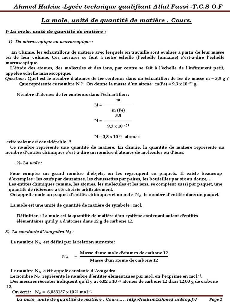 La Mole Unite de Quantite de Matiere - Cours | PDF | Mole (unité) | Atomes