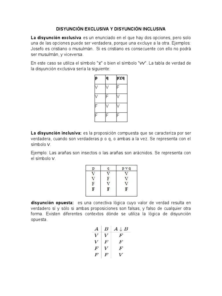 Disyunción Exclusiva y Disyunción Inclusiva | PDF