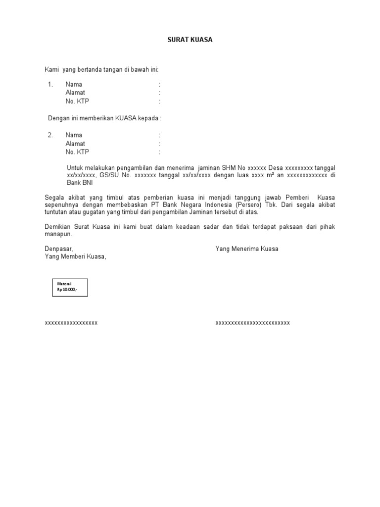 Surat Kuasa Ambil Jaminan Di Bank | PDF