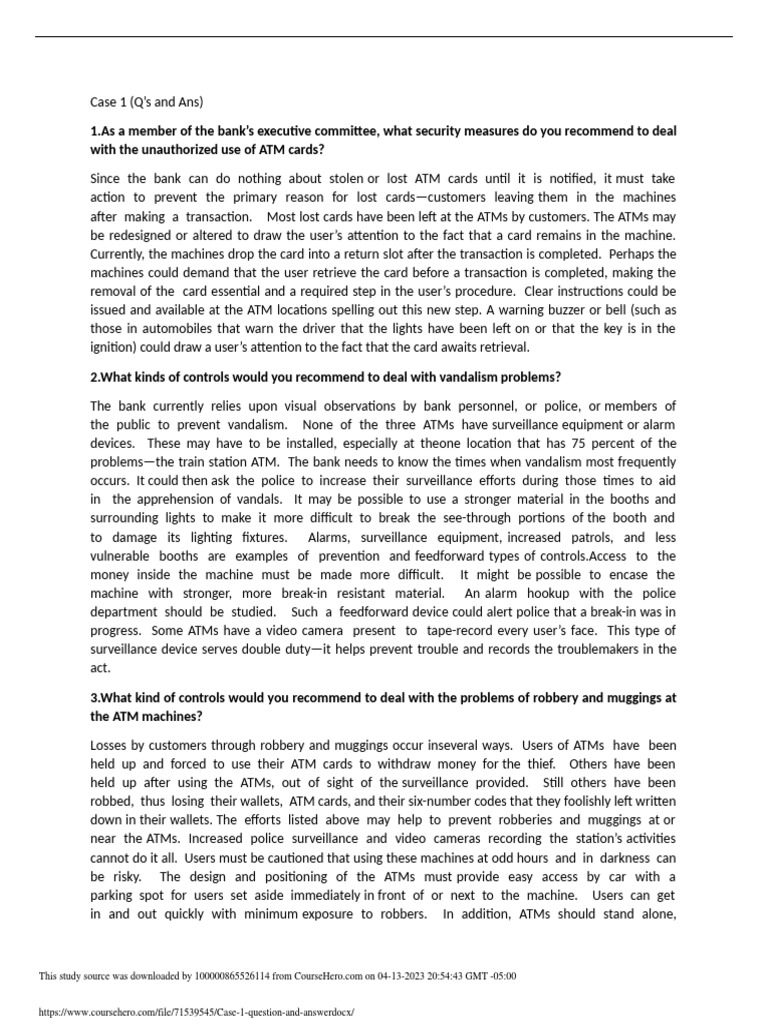 Case 1 Question and Answer | PDF | Automated Teller Machine | Surveillance Case 1 Question and Answer | PDF | Automated Teller Machine | Surveillance