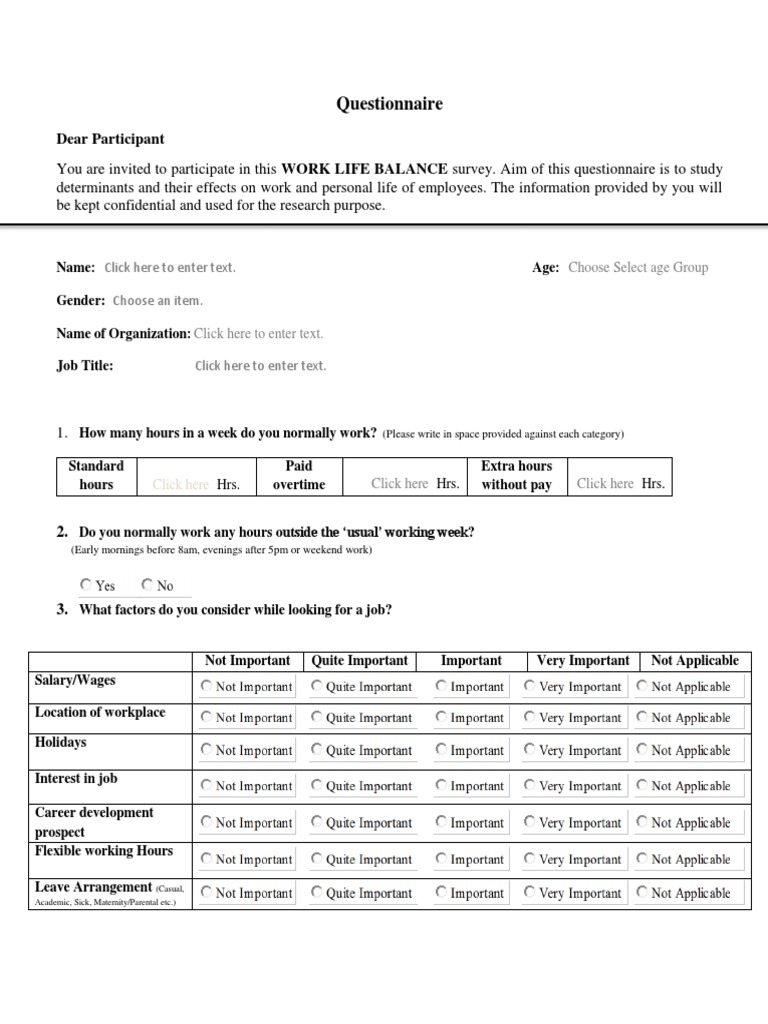 Work Life Balance Questionnaire | PDF | Salary | Working Time
