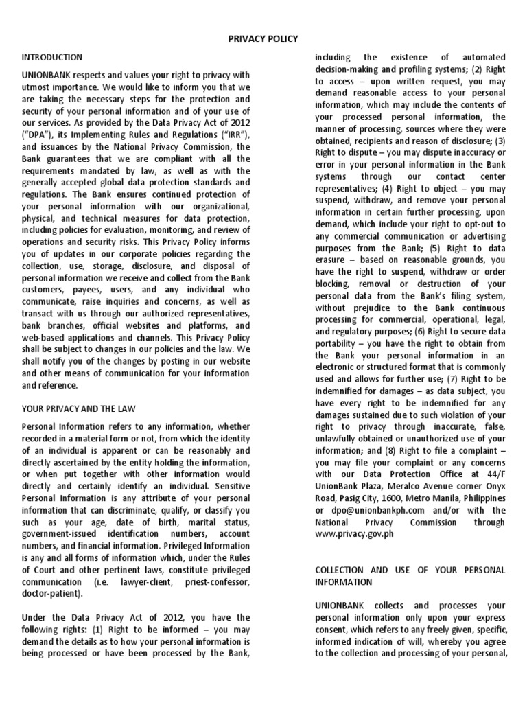 UnionBank Business Banking Privacy Policy | PDF | Privacy | Banks