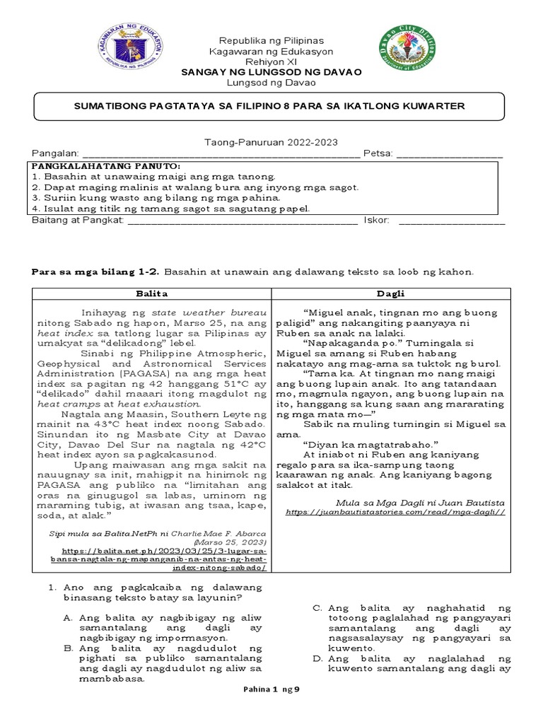 Q3 Sumatibong Pagtataya Filipino 8 | PDF