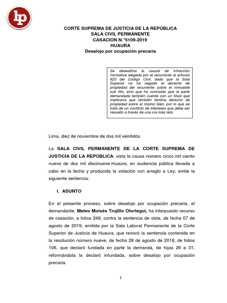 Casacion 5109 2019 Huaura LPDerecho | PDF | Judicaturas | Jurisdicción Casacion 5109 2019 Huaura LPDerecho | PDF | Judicaturas | Jurisdicción