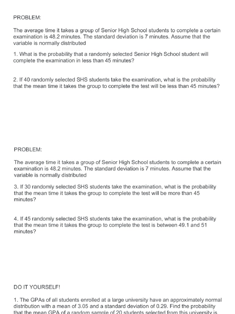 Word Problems Involving Sampling Distribution of The Sample Mean | PDF