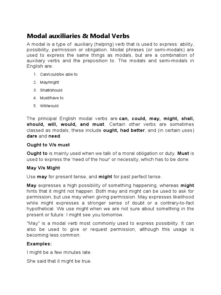 Modal Auxiliaries & Modal Verbs: Can/could/be Able To 2. May/might 3. Shall/should 4. Must/have ...