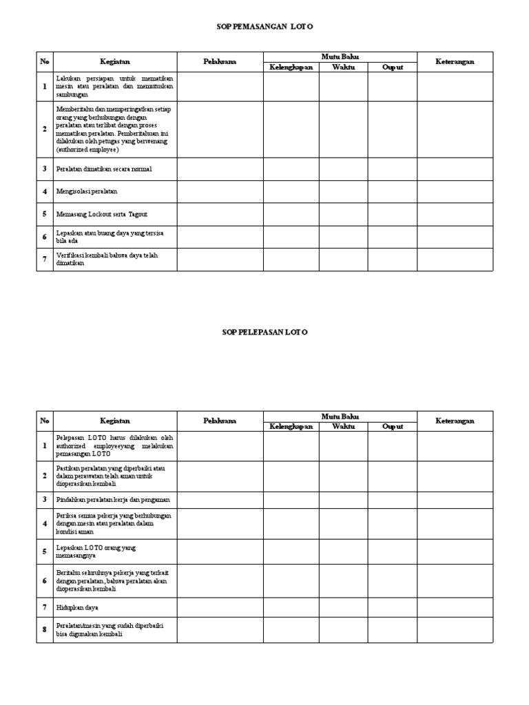Form SOP Pemasangan Dan Pelepasan LOTO | PDF