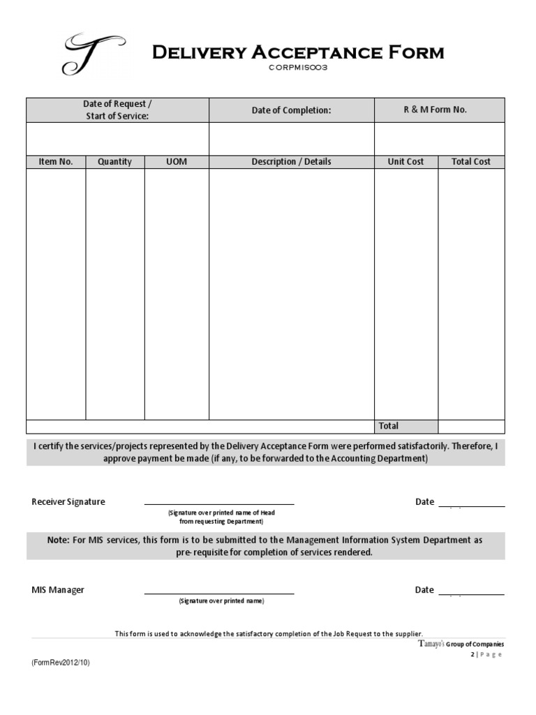 CORPMIS003 Delivery Acceptance Form | PDF