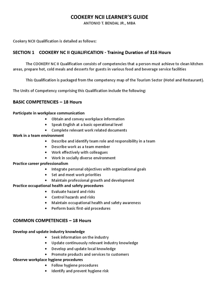 COOKERY NCII Learners Guide 2022 | PDF