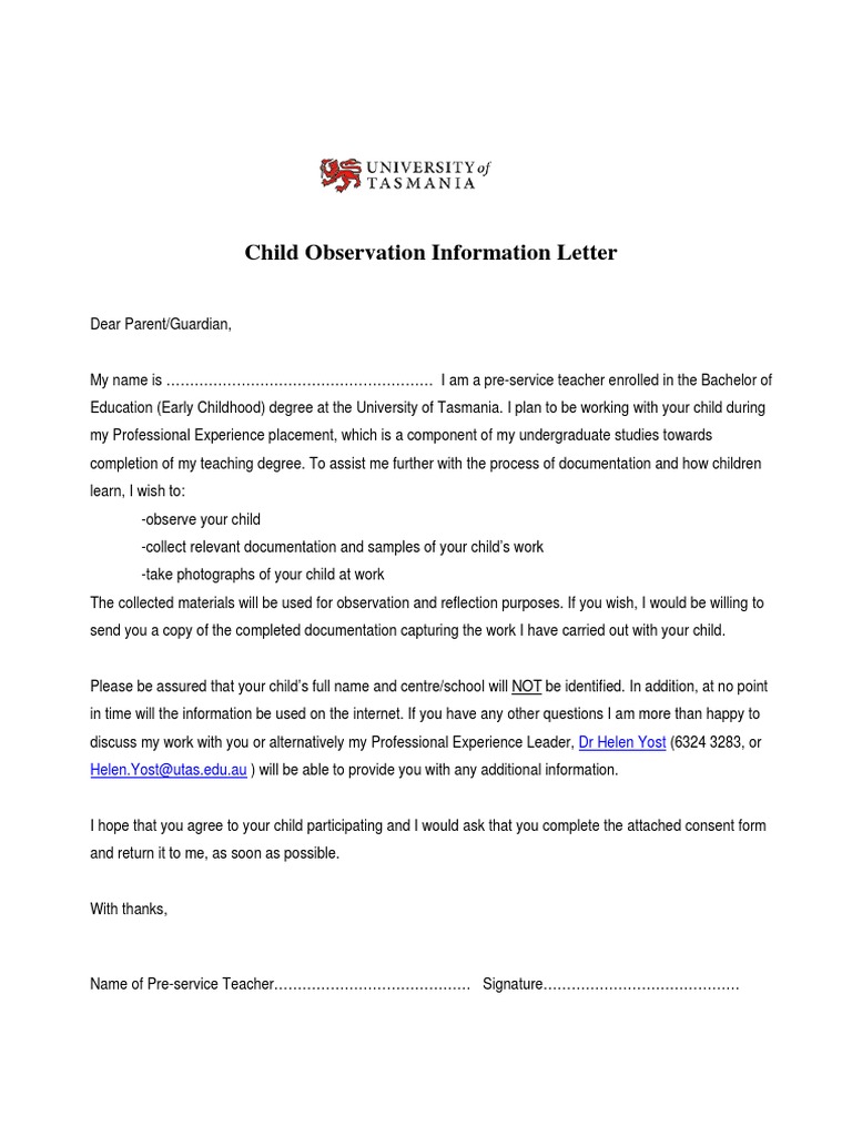 Child Observation Information Letter: DR Helen Yost Helen - Yost@utas ...