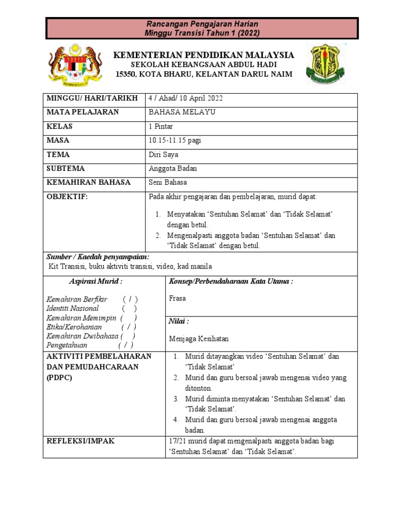 Contoh Penulisan RPH Minggu Transisi | PDF