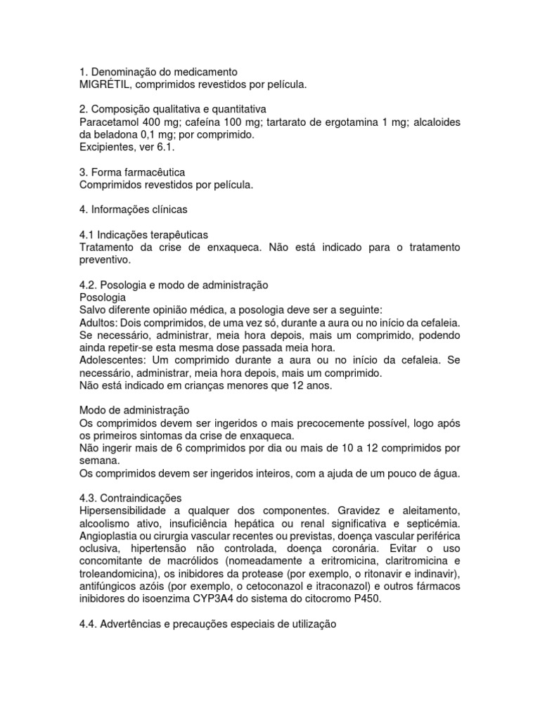 Migretil RCM | PDF | Cafeína | Enxaqueca