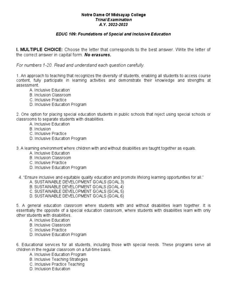 Midterm Exam | PDF | Inclusion (Education) | Special Education