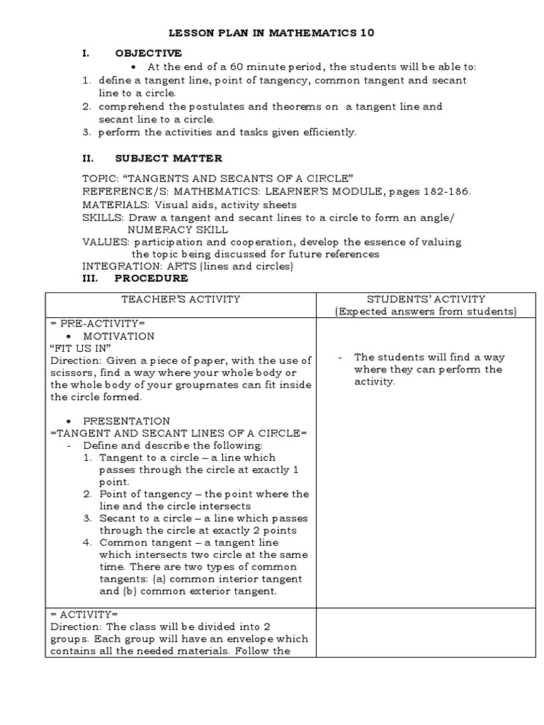 Lesson Plan in Mathematics 10 | PDF | Tangent | Circle