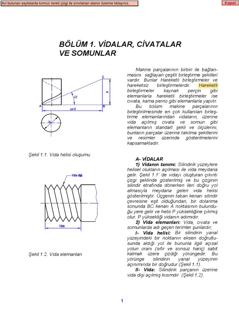Bölüm 1. Vi̇dalar Ci̇vatalar Ve Somunlar | PDF