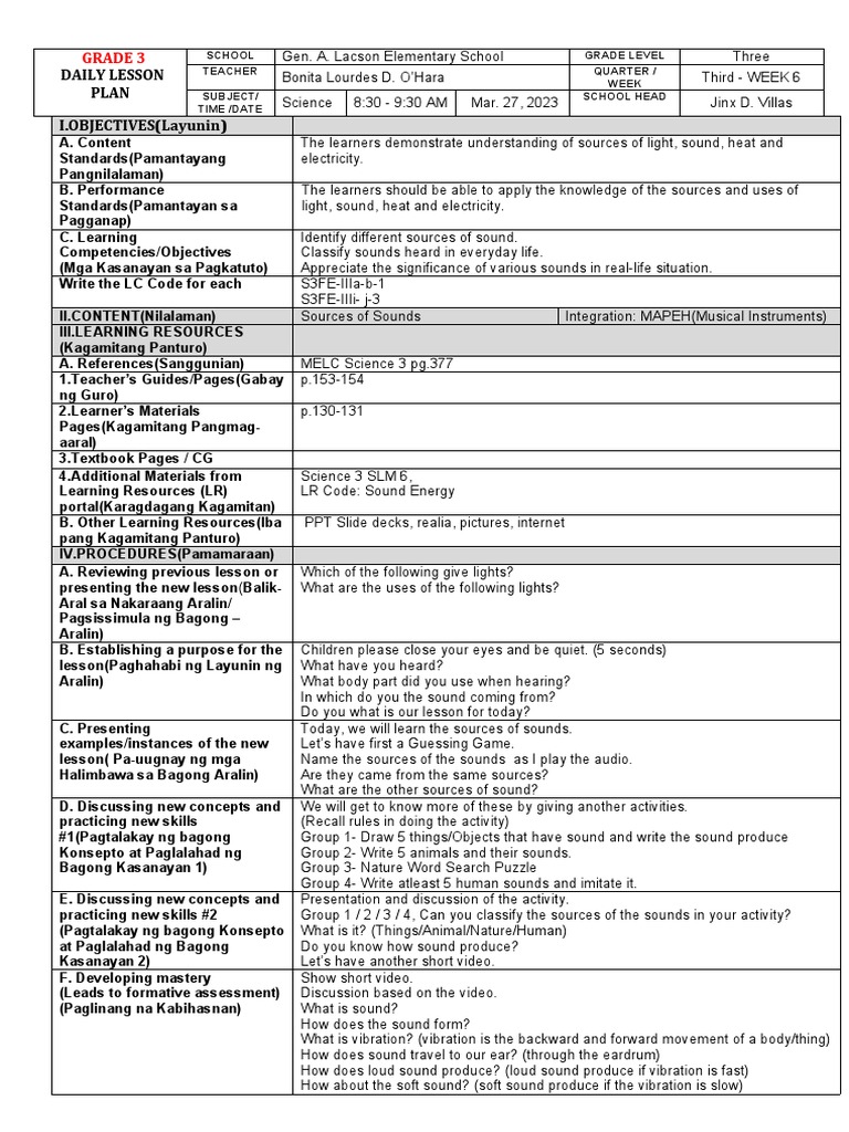 Cot 3 Grade 3 Science 3rd Qtr Uses Of Sounds Pdf Learning Cognition