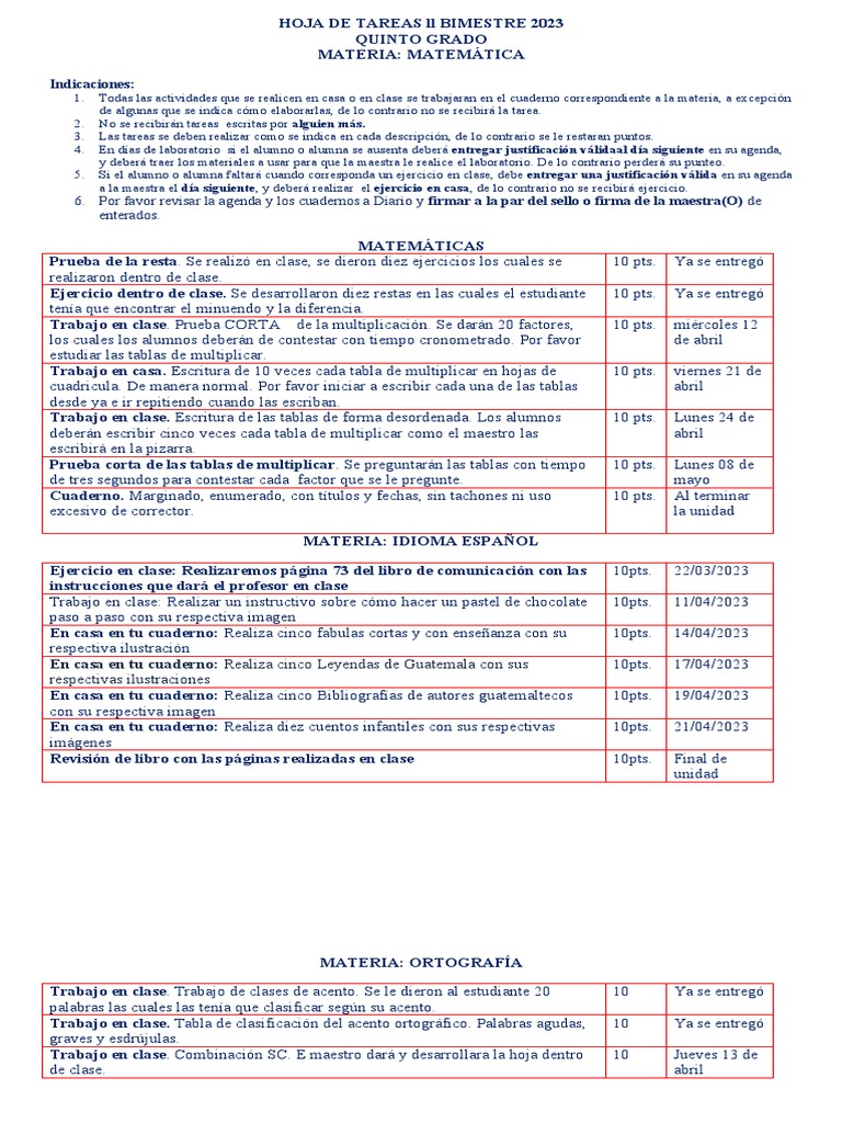 QUINTO HOJA de Tareas Segundo Bimestre. | PDF | Comportamiento
