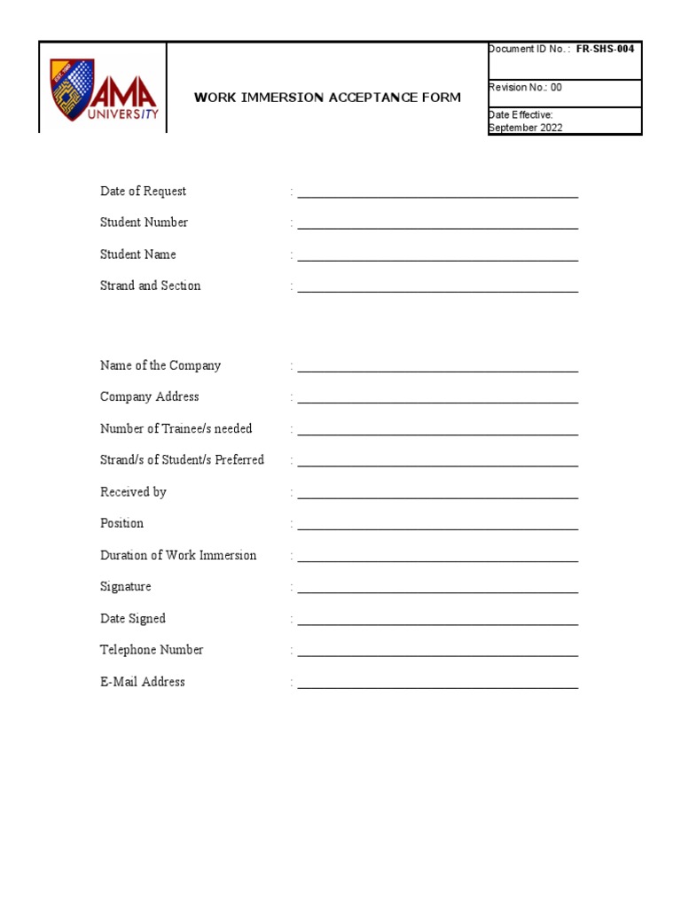 Work Immersion Acceptance Form: Document ID No.: FR-SHS-004 Revision No ...