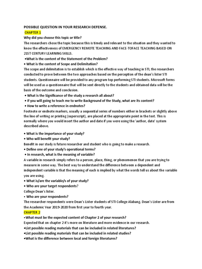 Possible Question in Your Research Defense | PDF | Sampling (Statistics ...
