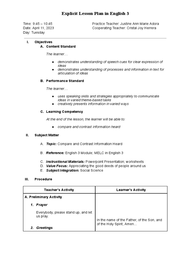 Compare and Contrast Lesson Plan | PDF | Learning | Lesson Plan