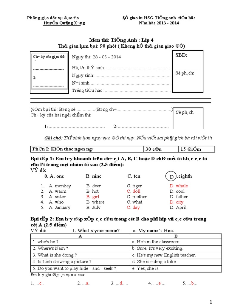 De Thi HSG Tieng Anh Lop 4 Cap Huyen | PDF | Vietnam | Vietnamese People