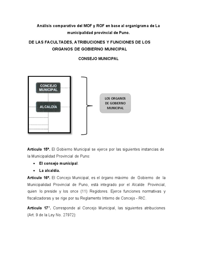 Análisis Comparativo Del MOF y ROF en Base Al Organigrama de La Municipalidad Provincial de Puno ...