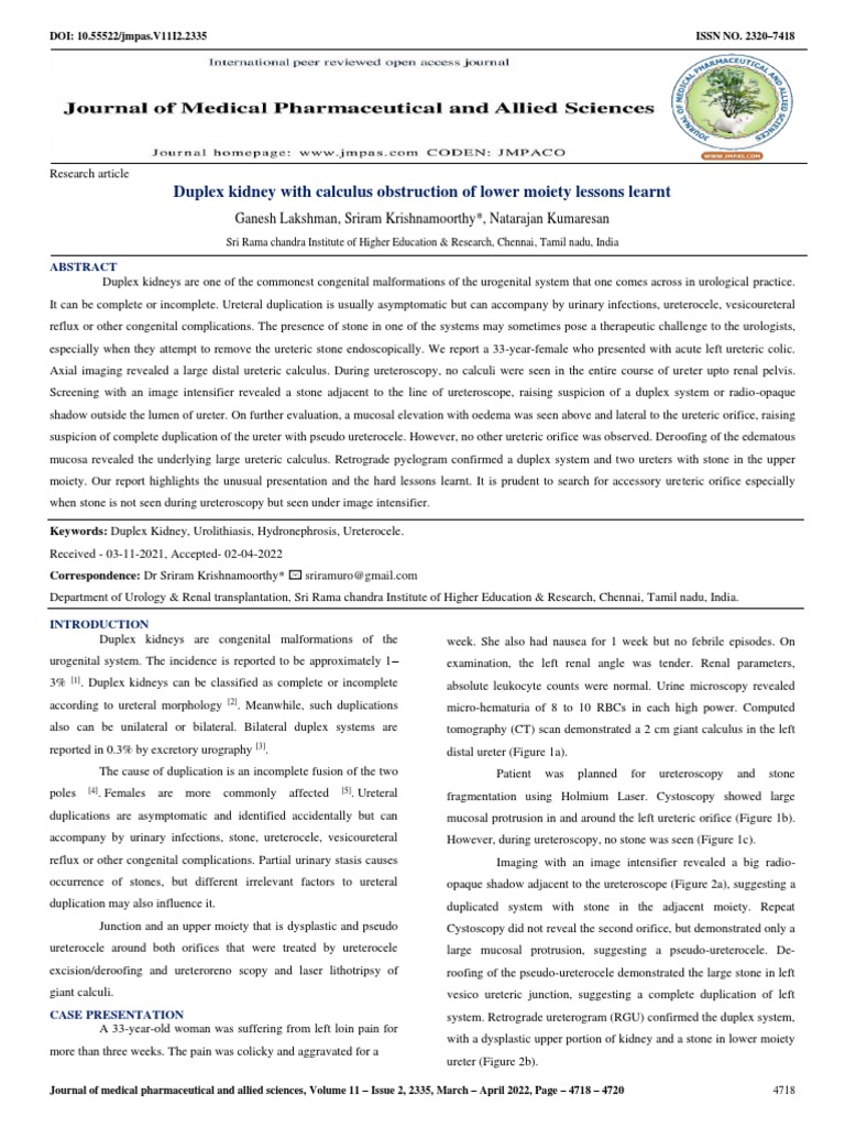 Duplex Kidney With Calculus Obstruction of Lower Moiety Lessons Learnt ...