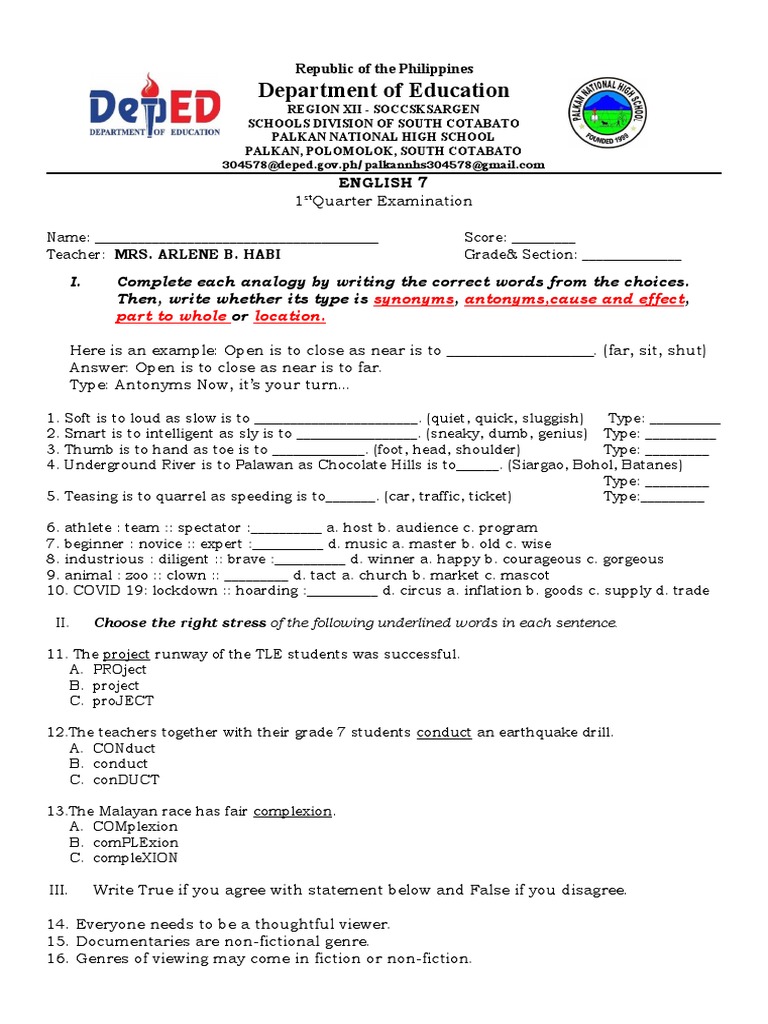 First Quarter Examination in Grade 7 English | PDF | Ant | Pheromone