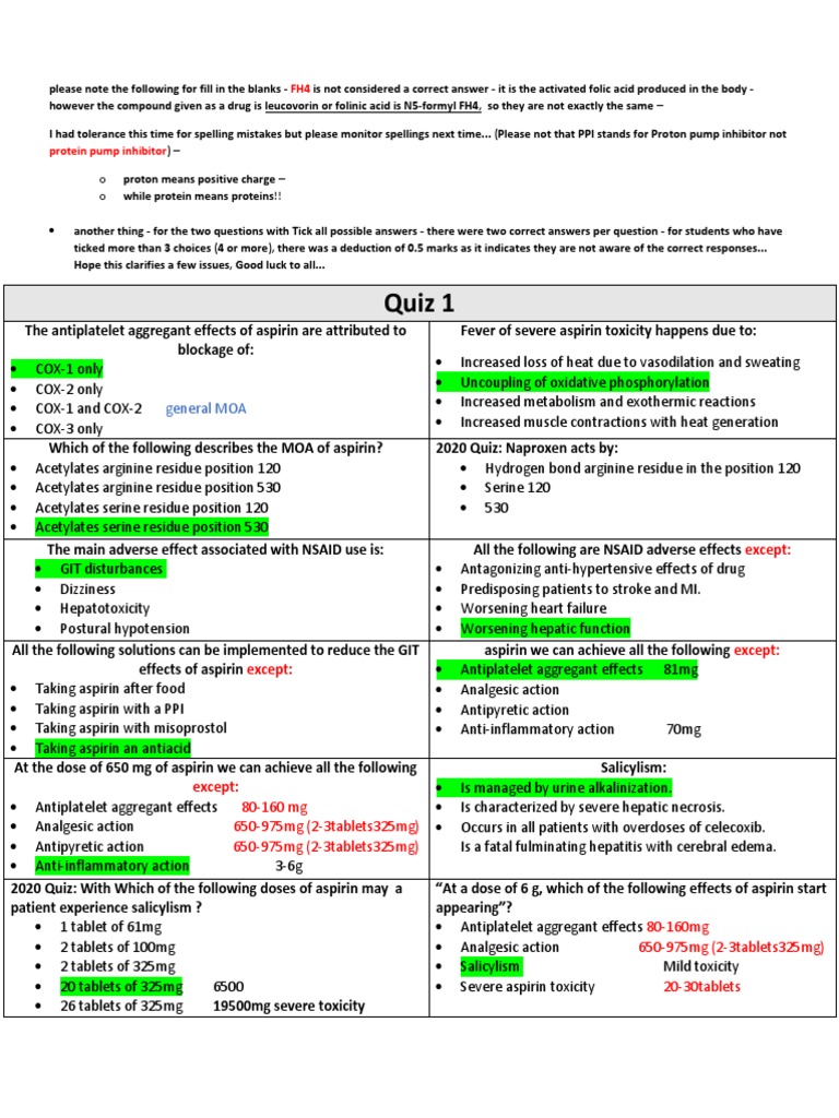 Quiz 1: General MOA | PDF | Aspirin | Migraine