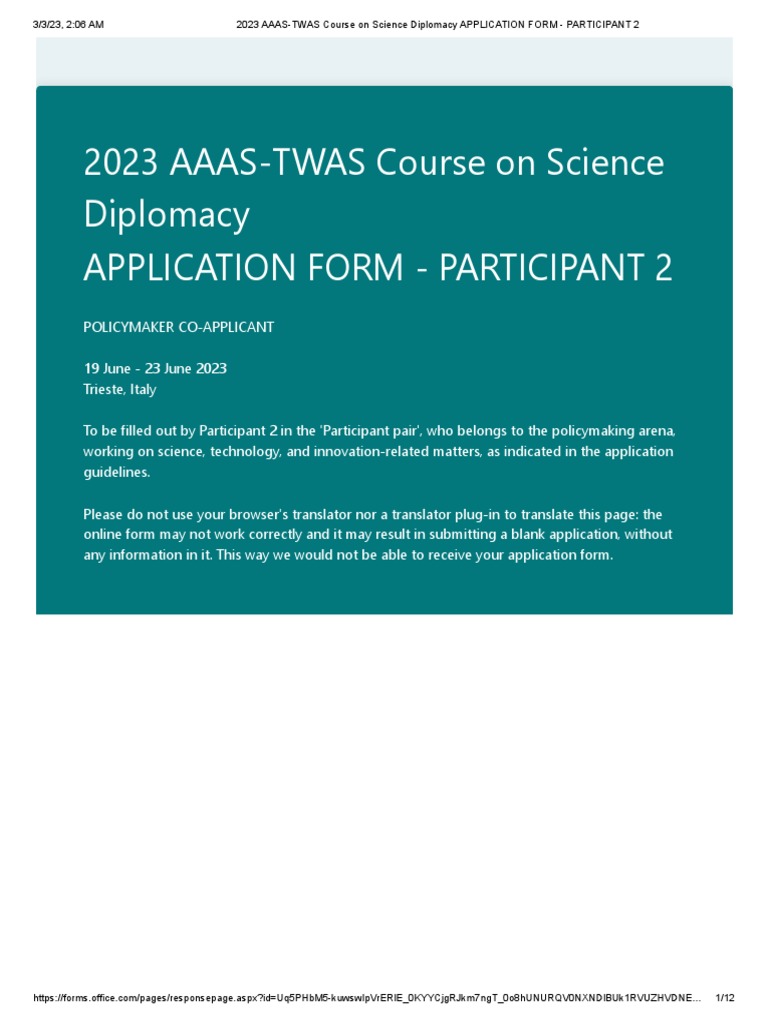 2023 Aaas-Twas Course On Science Diplomacy Application Form - Participant 2 | PDF | Project ...