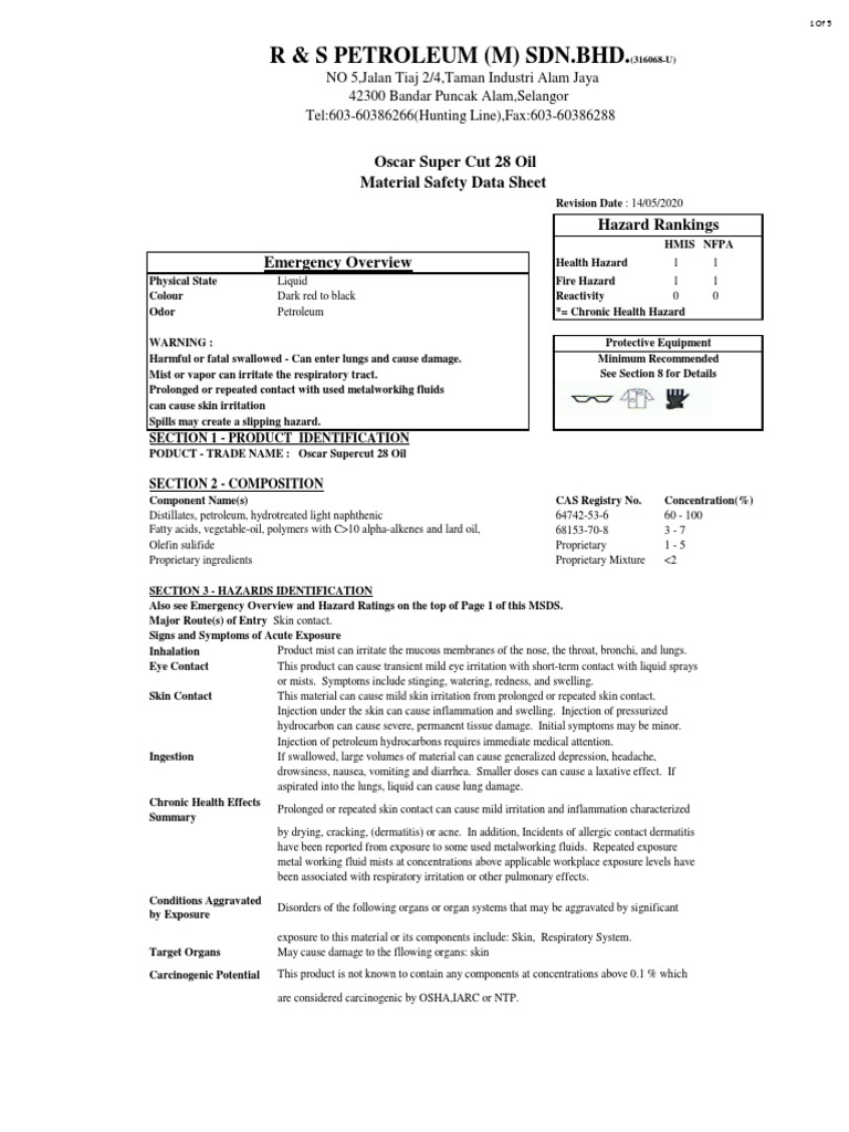 Oscar Supercut 28 Oil MSDS | PDF | Personal Protective Equipment ...