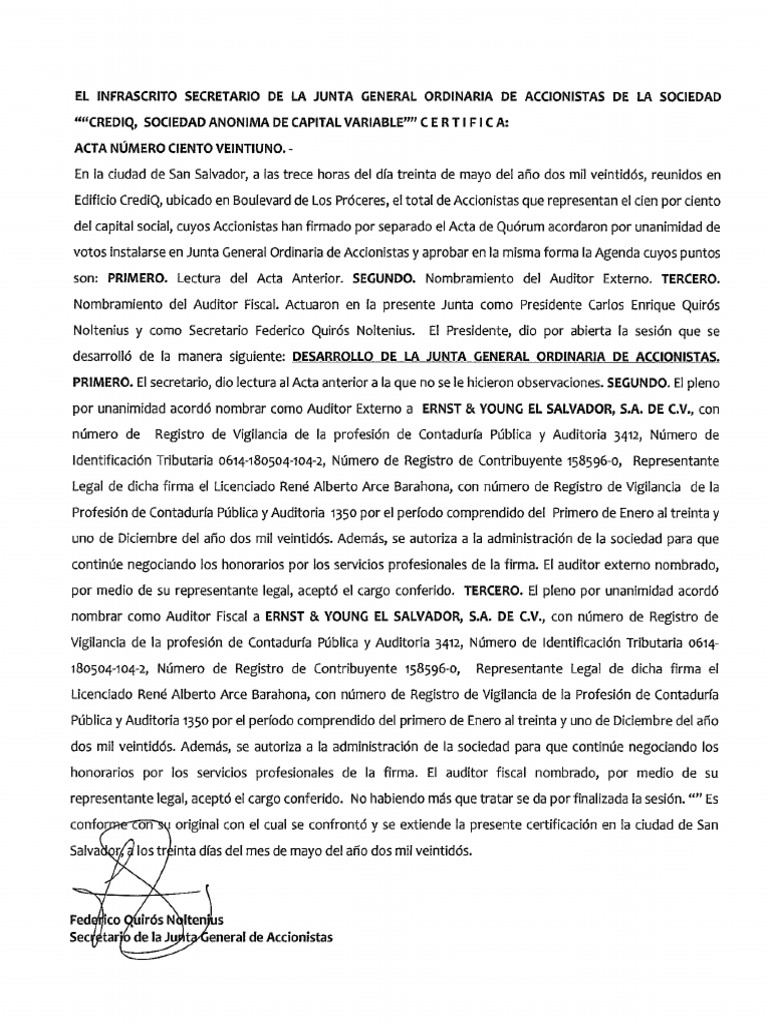 Certificacion de Nombramientos de Aud. Externo y Fiscal 2022 CQ | PDF