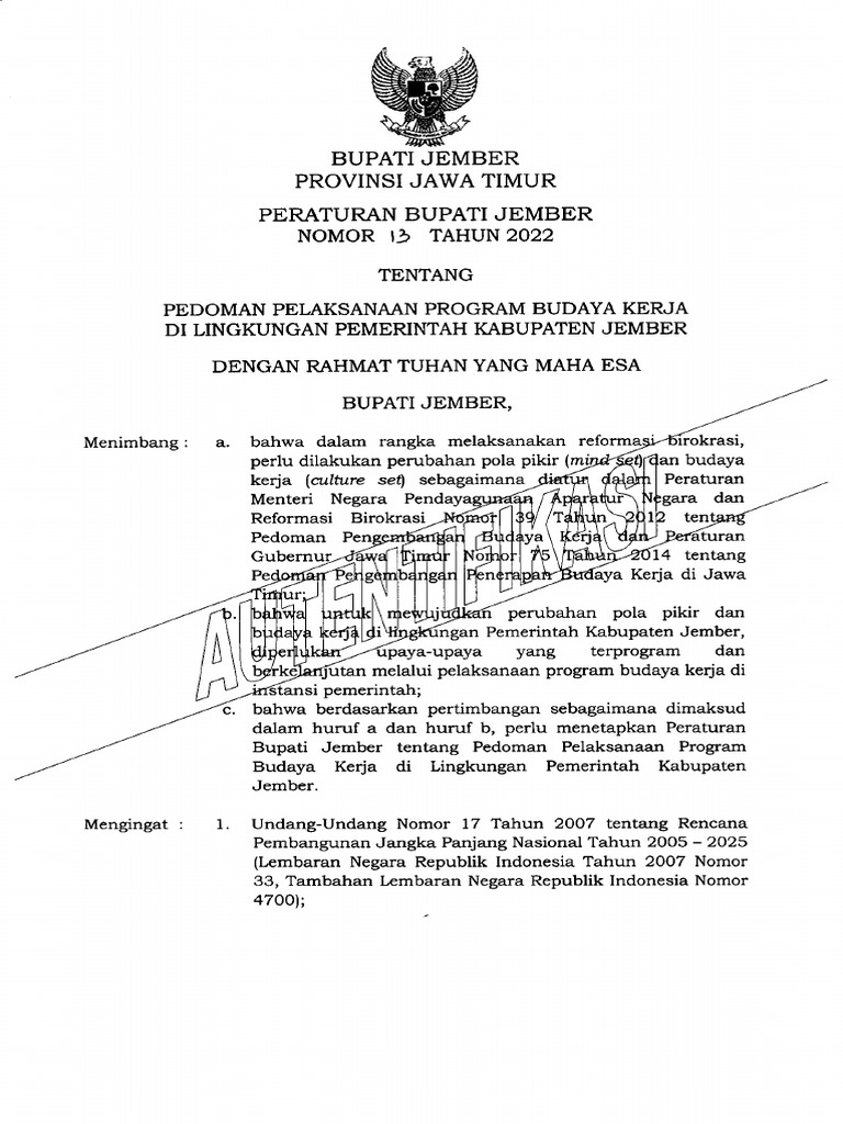 Perbup 13 2022 Pedoman Pelaksanaan Program Budaya | PDF
