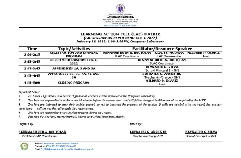 RPMS Tools Lac Matrix 2022 SSHS | PDF | Communication