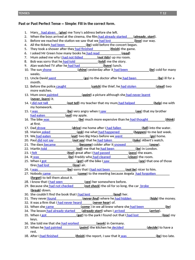 Past Perfect Worksheet | PDF