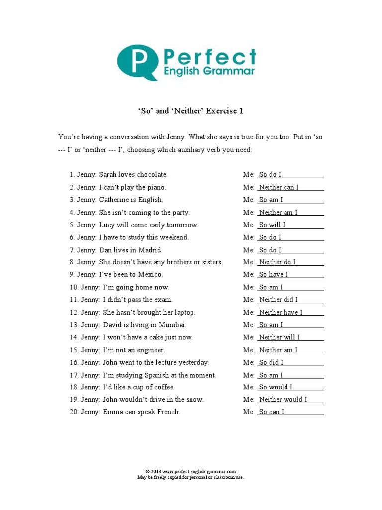 Neither and Auxiliaries Worksheet | PDF