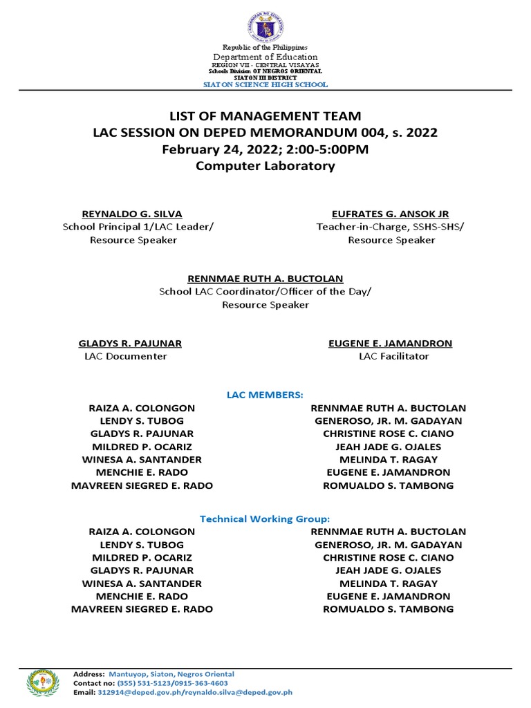List of Management Team Lac Session On Deped Memorandum 004, S. 2022 ...