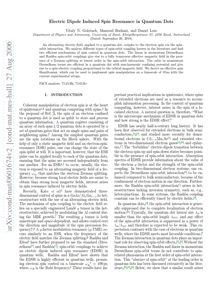 Electric Dipole Induced Spin Resonance in Quantum Dots | PDF | Spin (Physics) | Electron